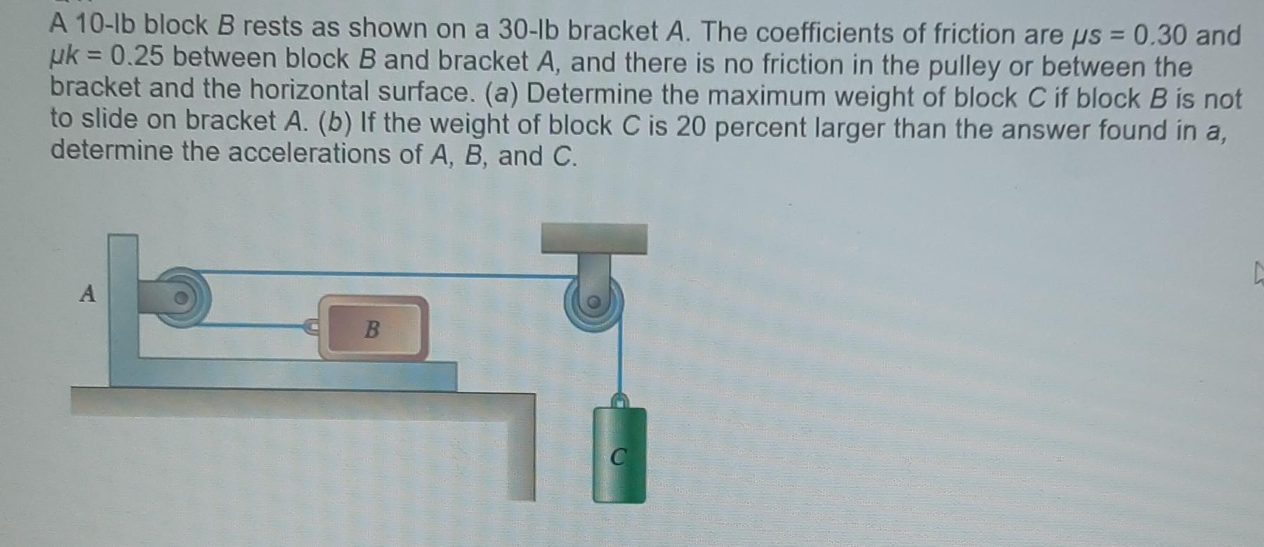 Solved A 10−lb block B rests as shown on a 30−lb bracket A. | Chegg.com