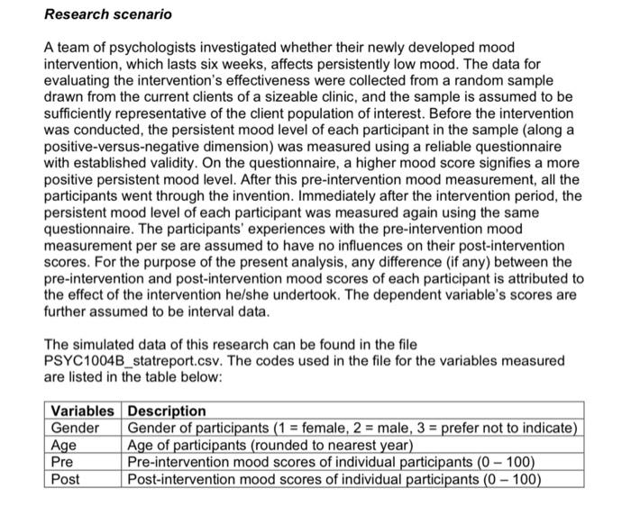 Research scenario A team of psychologists | Chegg.com