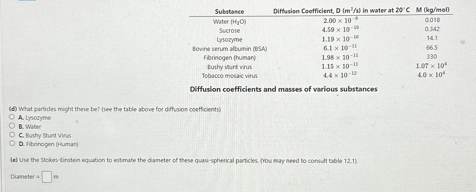 \table[[Substance,Diffusion Coefficient, D(m2s) ﻿in | Chegg.com