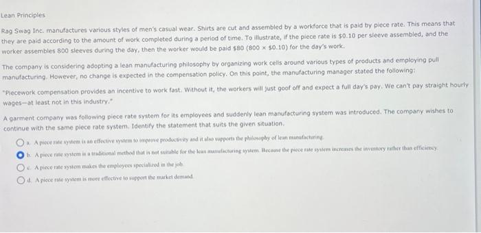 Solved Lean Principles Rag Swag Inc. manufactures various | Chegg.com