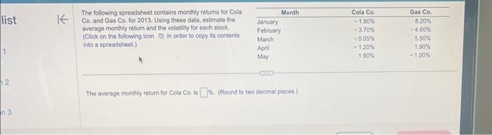 Solved The following spreadsheet contains monthly returns | Chegg.com