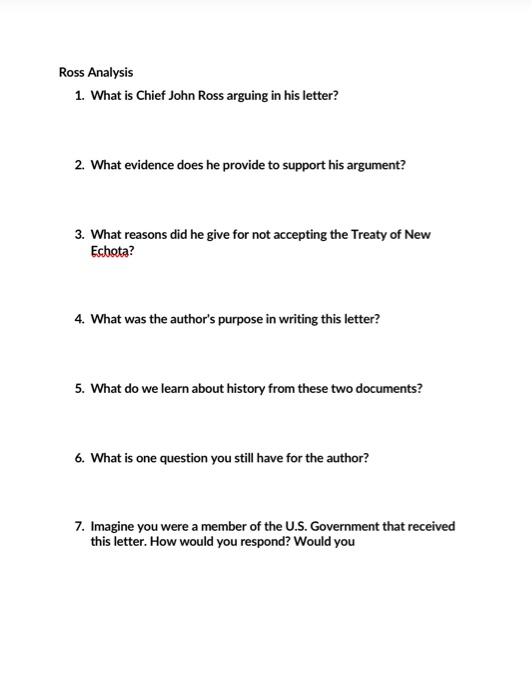 1. What is Chief John Ross arguing in his letter? 2. | Chegg.com