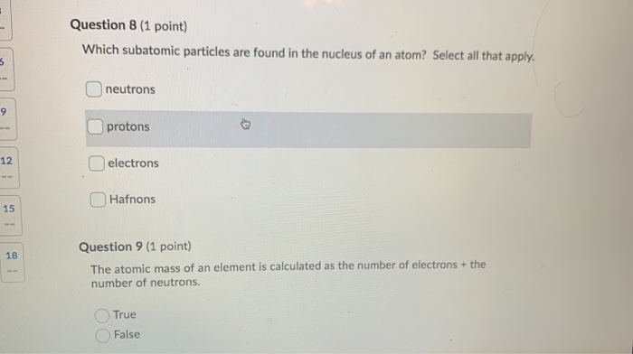 Solved Question 8 (1 point) Which subatomic particles are | Chegg.com