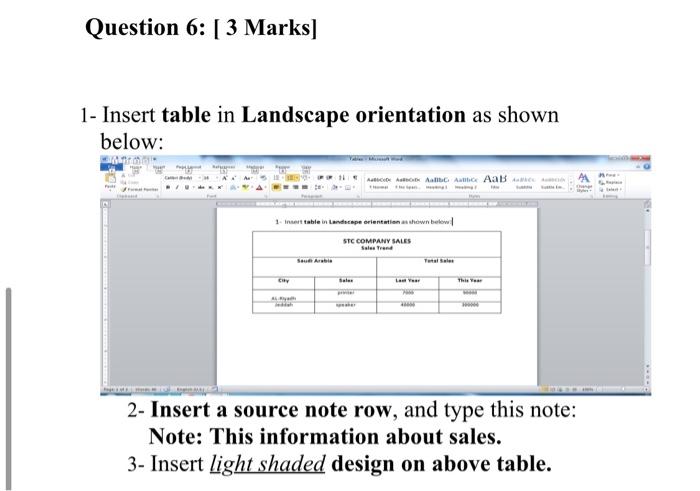 Solved Question 6: [ 3 Marks) 1- Insert table in Landscape | Chegg.com