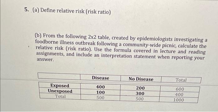 Solved 5. (a) Define relative risk (risk ratio) (b) From the | Chegg.com