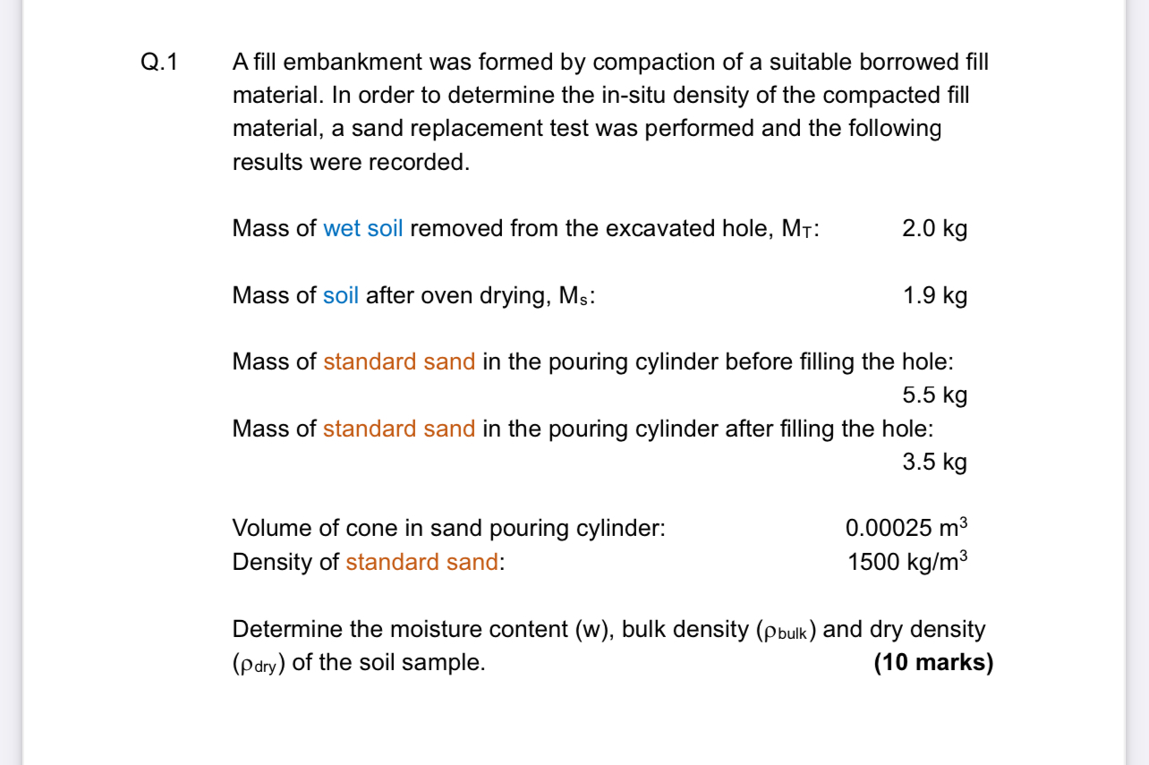 Solved Q. 1 ﻿A fill embankment was formed by compaction of a | Chegg.com