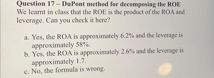 Question 17 - DuPont method for decomposing the ROE | Chegg.com
