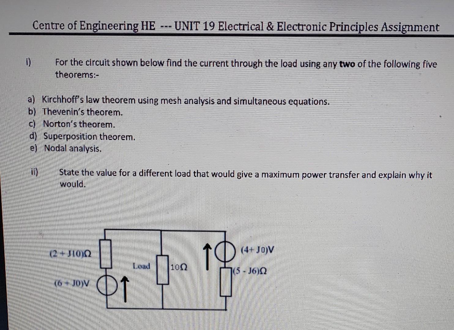 Solved Centre of Engineering HE ---UNIT 19 Electrical & | Chegg.com