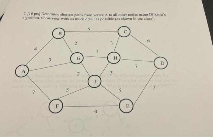 Solved 7. [10 pts] Determine shortest paths from vertex A to | Chegg.com