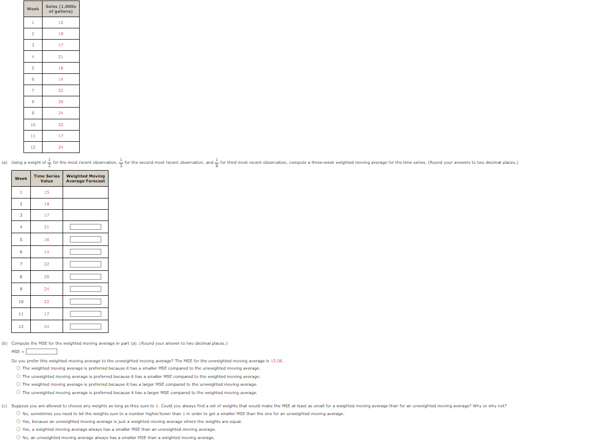 Solved (b) ﻿Compute the MSE for the weighted moving average | Chegg.com
