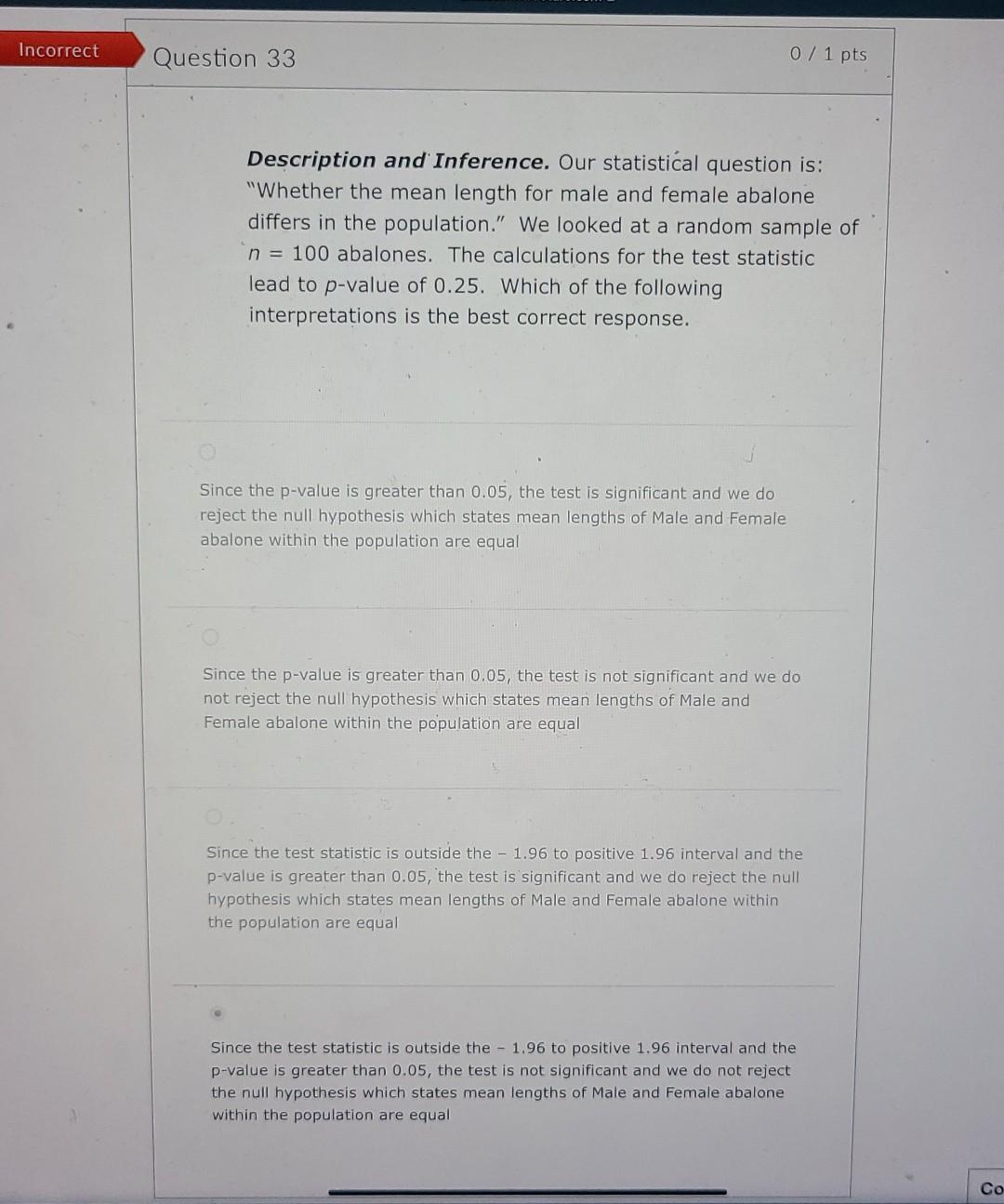 Solved 0 / 1 pts Description and Inference. Our statistical | Chegg.com