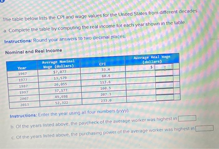 Solved The table below lists the CPI and wage values for the | Chegg.com