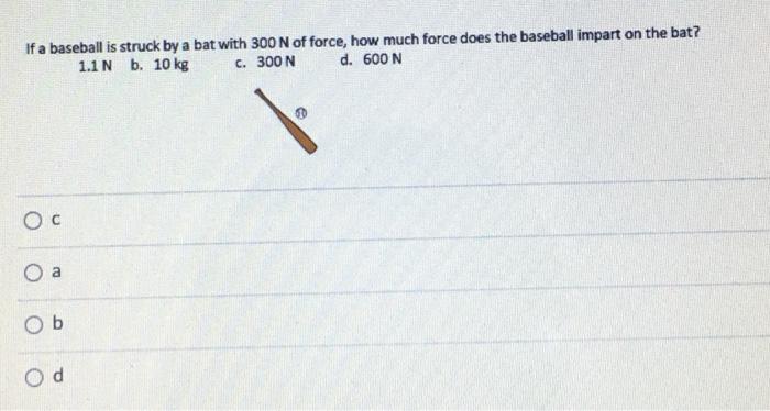 Solved If a baseball is struck by a bat with 300 N of force, | Chegg.com