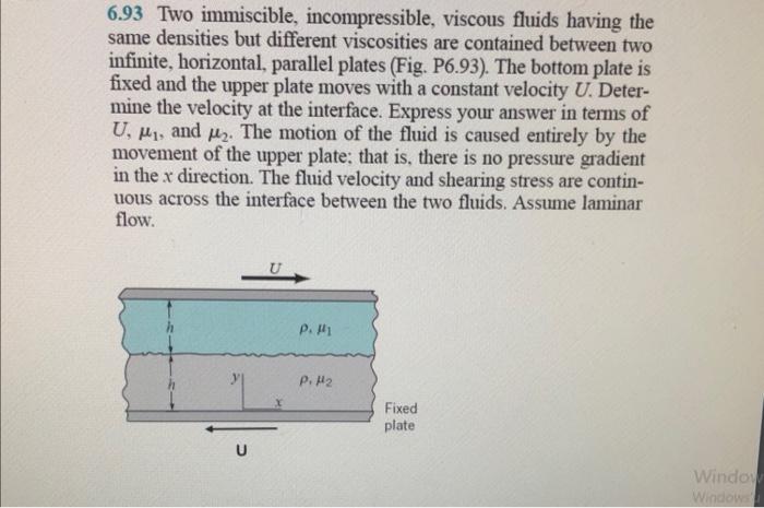 Solved 6.93 Two immiscible, incompressible, viscous fluids | Chegg.com