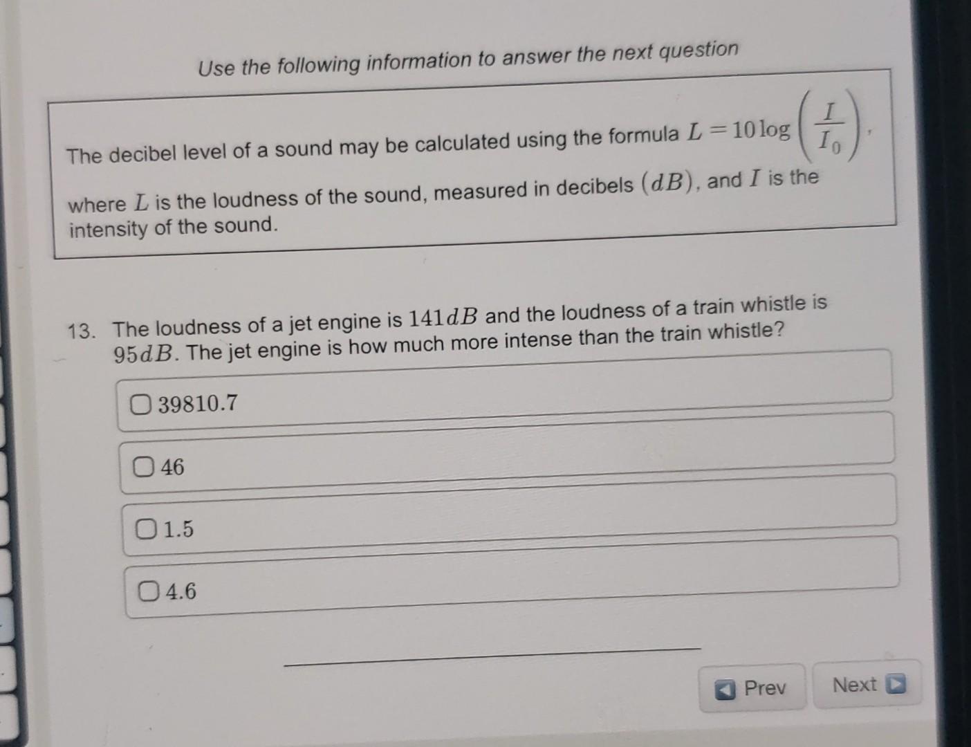 Solved The decibel level of a sound may be calculated using | Chegg.com