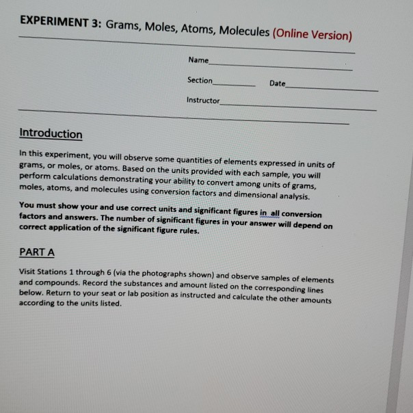 Solved EXPERIMENT 3: Grams, Moles, Atoms, Molecules (Online | Chegg.com