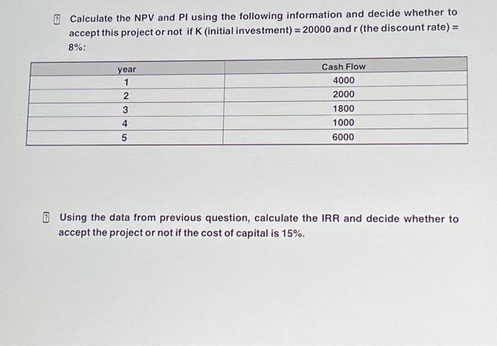 Solved Calculate the NPV and PI using the following | Chegg.com