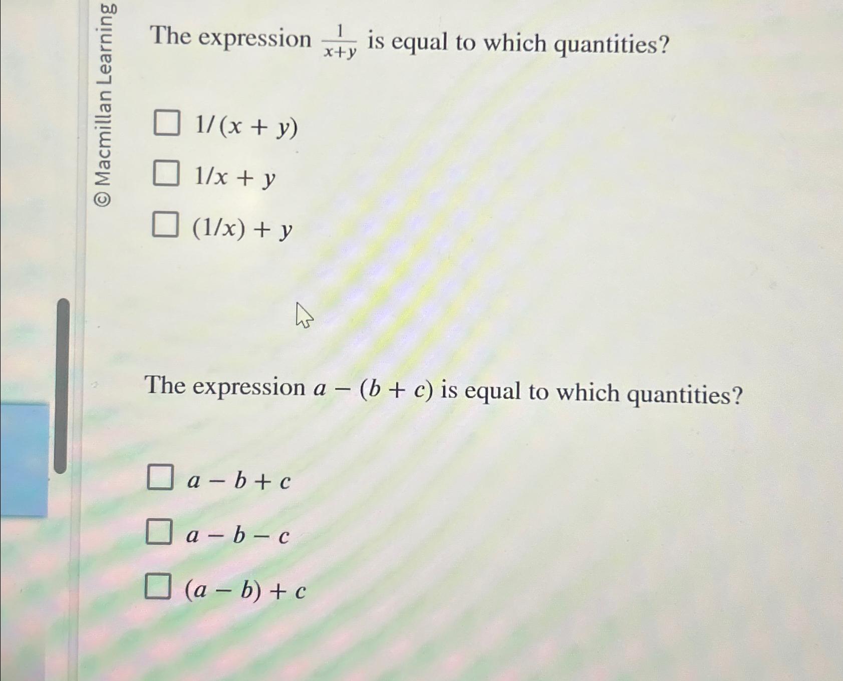 Solved 500∞ ﻿The expression 1x+y ﻿is equal to which | Chegg.com