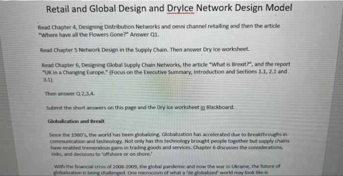 Solved Retail and Global Design and Drylce Network Design | Chegg.com