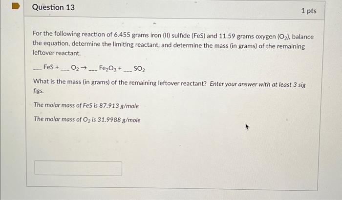 Solved For the following reaction of 6.455 grams iron (II) | Chegg.com