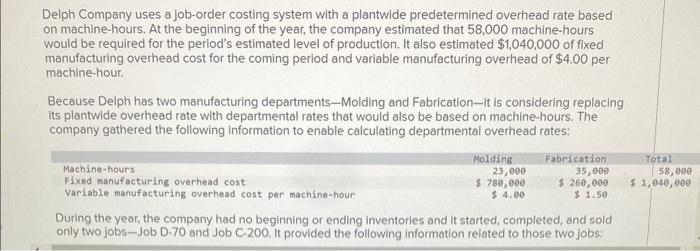 Solved Delph Company uses a job-order costing system with a | Chegg.com