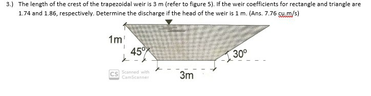 Solved 3.) The length of the crest of the trapezoidal weir | Chegg.com