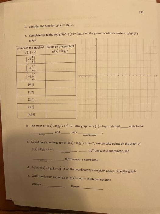Solved 193 6. Consider the function g(x) -log, X. a. | Chegg.com