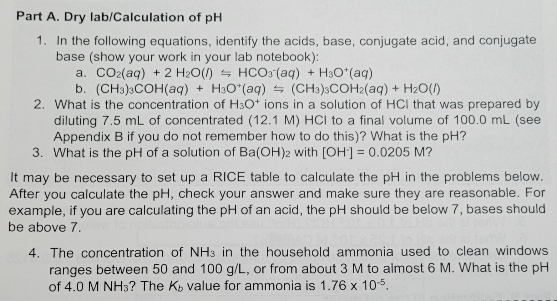 Solved Part A. Dry lab/Calculation of pH 1. In the following | Chegg.com