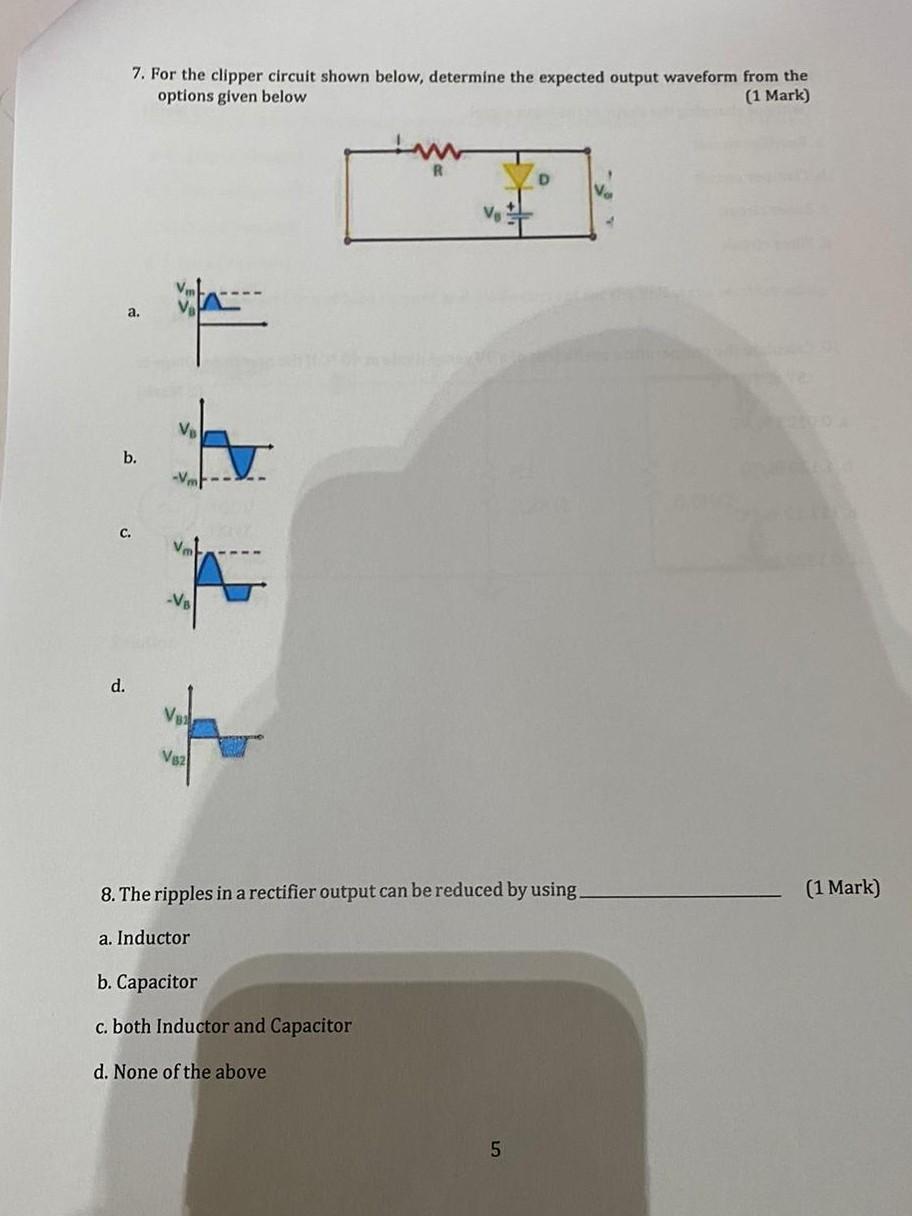 Solved 7. For the clipper circuit shown below, determine the | Chegg.com