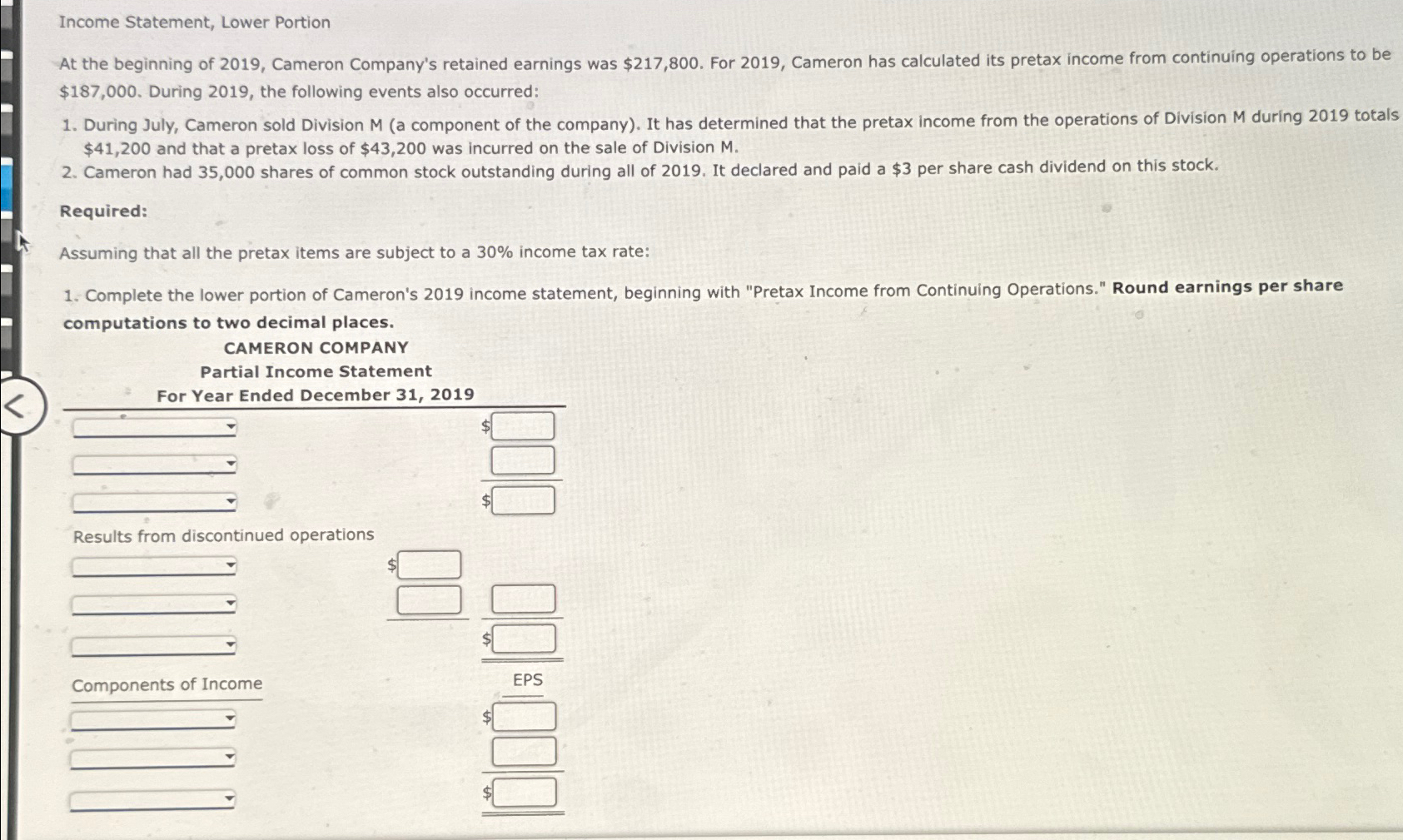 Solved Income Statement, Lower PortionAt the beginning of | Chegg.com
