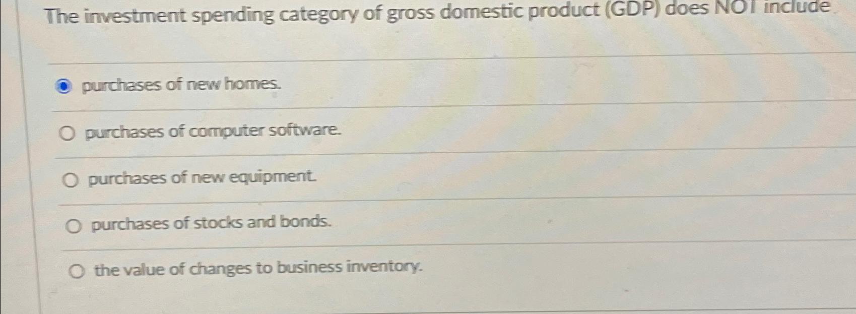 Solved The investment spending category of gross domestic | Chegg.com
