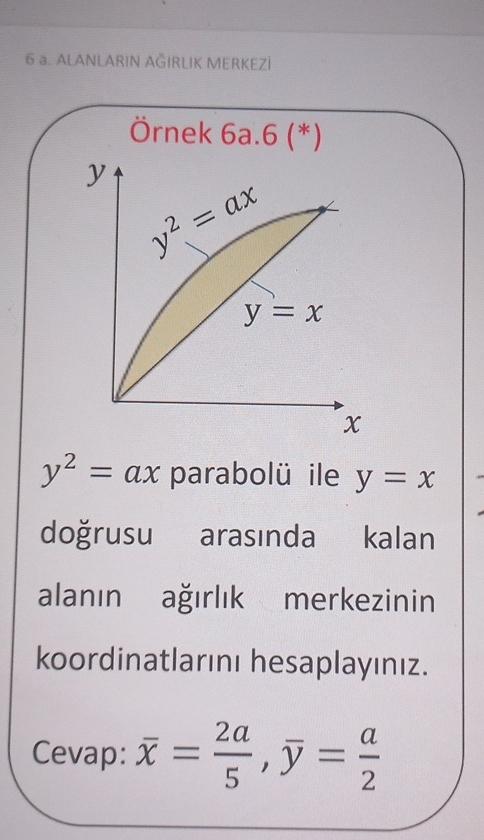 Solved ALANLARIN AGIRLIK MERKEZIÖrnek 6a.6 (*)y2=ax | Chegg.com