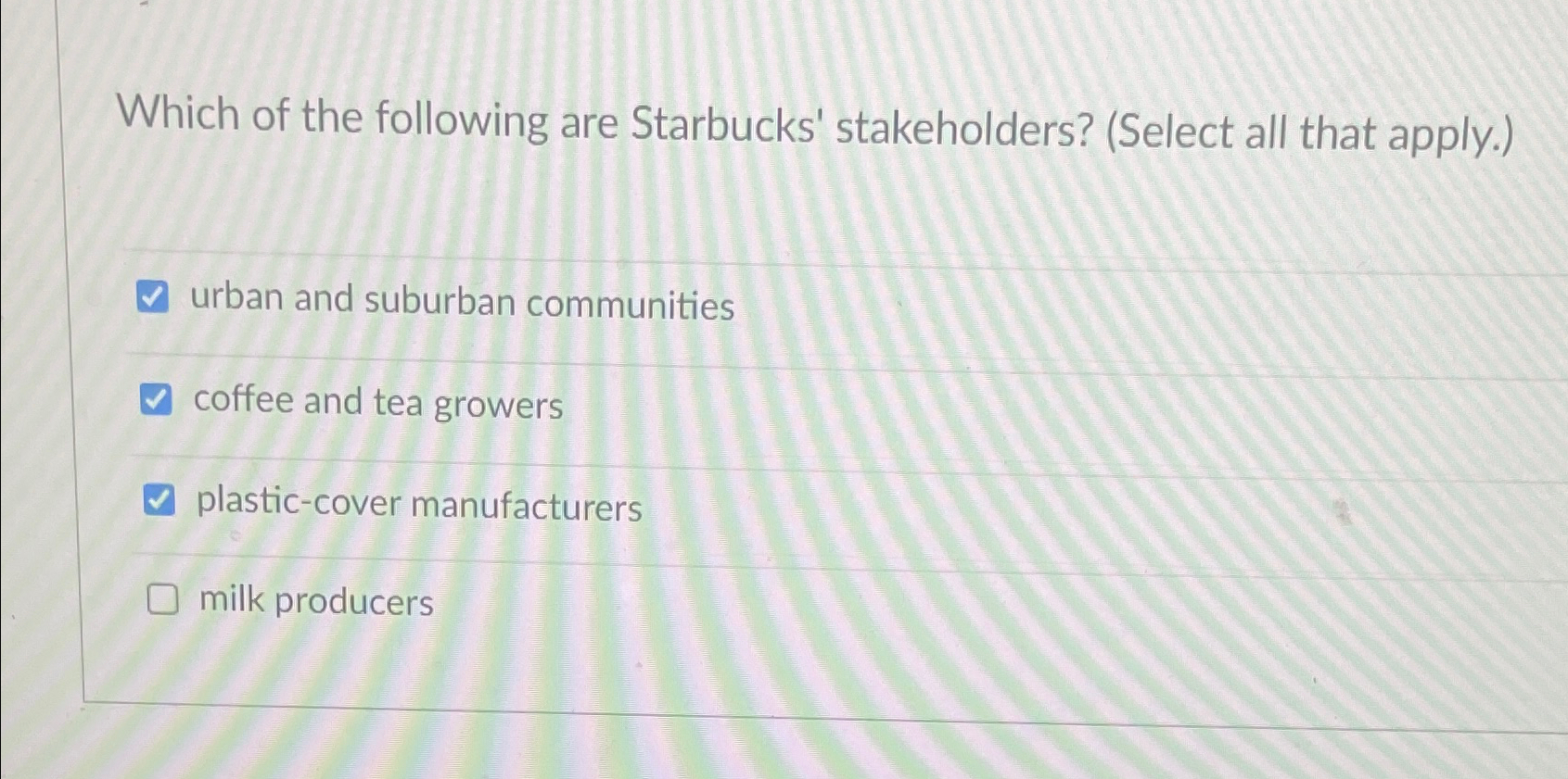 Solved Which of the following are Starbucks' stakeholders? | Chegg.com