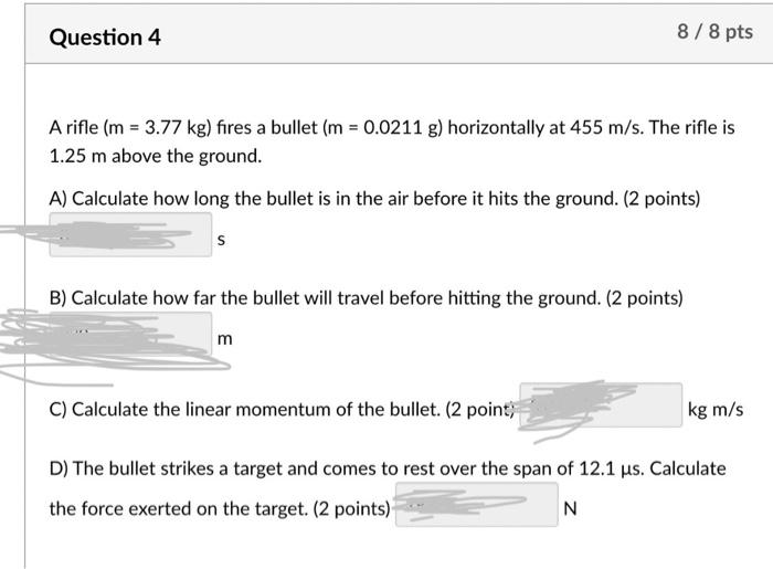 Solved A rifle (m=3.77 kg) fires a bullet (m=0.0211 g) | Chegg.com