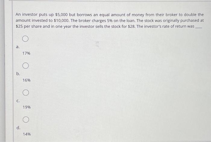 Solved An investor puts up $5,000 but borrows an equal | Chegg.com