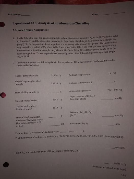 Lab Section: Name Experiment #10: Analysis of an | Chegg.com