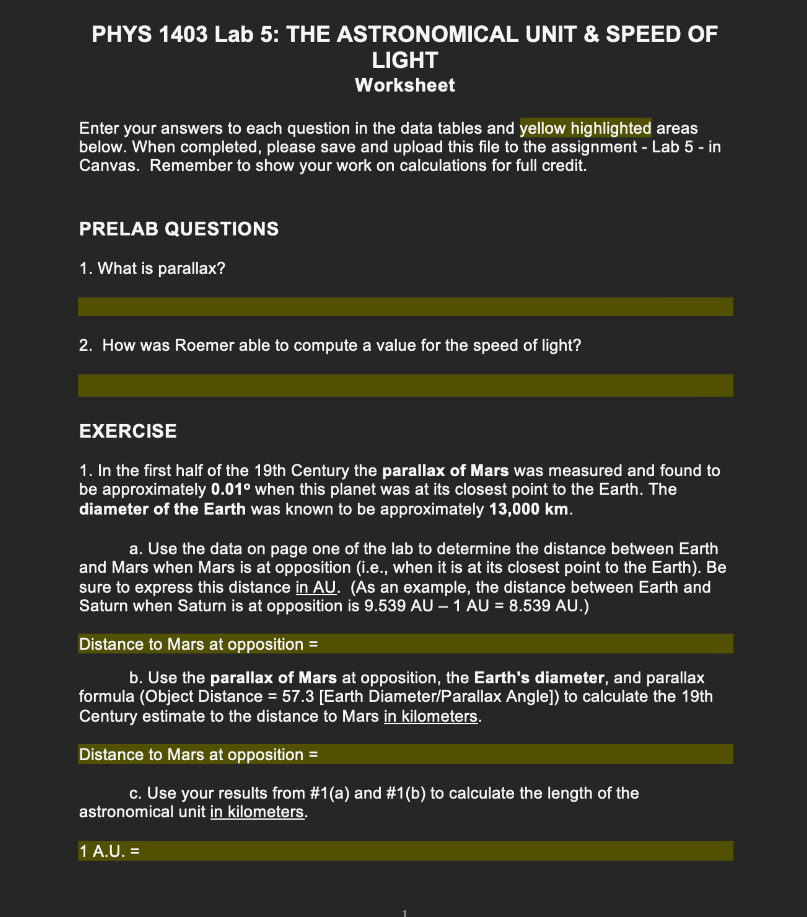Solved PHYS 1403 ﻿Lab 5: THE ASTRONOMICAL UNIT & SPEED | Chegg.com