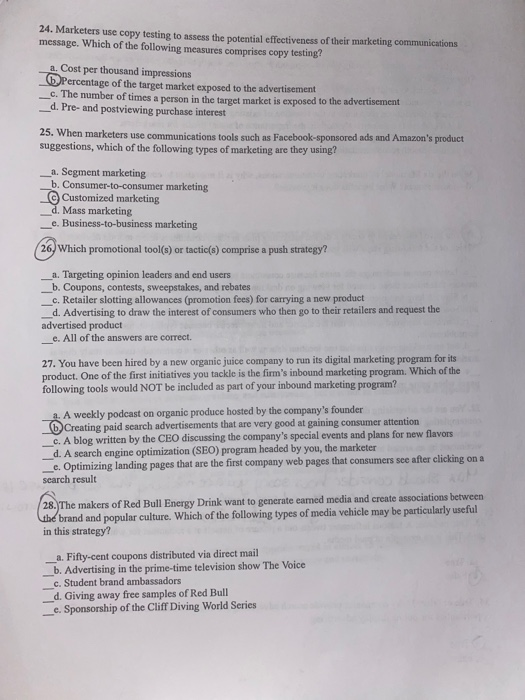 Solved 24. Marketers use copy testing to assess the | Chegg.com