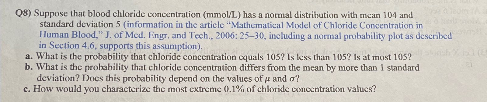 Solved Q8) ﻿Suppose that blood chloride concentration ( | Chegg.com