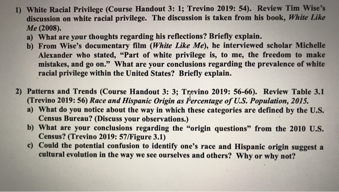 1) White Racial Privilege (Course Handout 3: 1; | Chegg.com