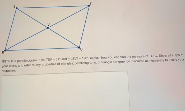 Solved S R RSTU is a parallelogram. If m TSV = 31° and m SVT | Chegg.com