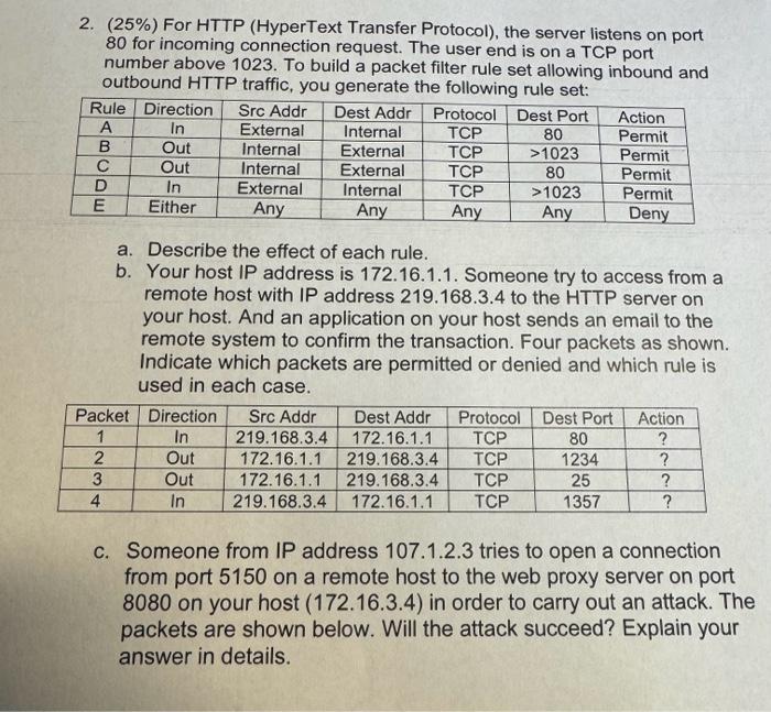 Solved 2. (25%) For HTTP (HyperText Transfer Protocol), the | Chegg.com