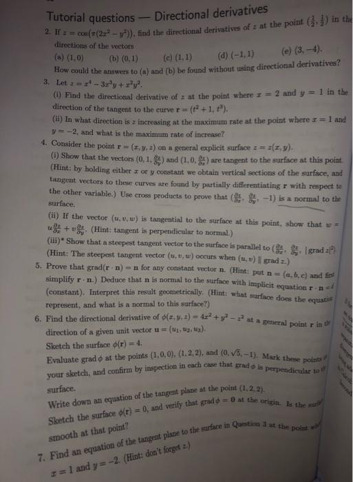 Solved Tutorial questions - Directional derivatives 2. If | Chegg.com