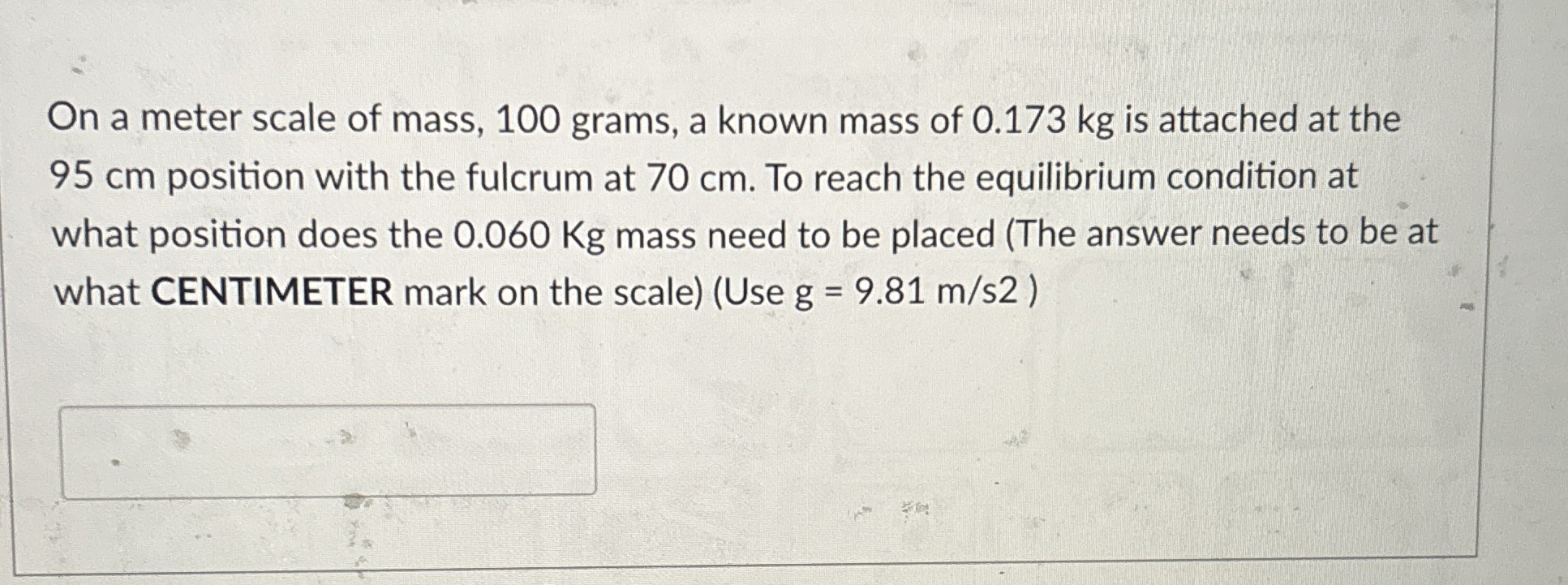 Solved On a meter scale of mass, 100 ﻿grams, a known mass of | Chegg.com