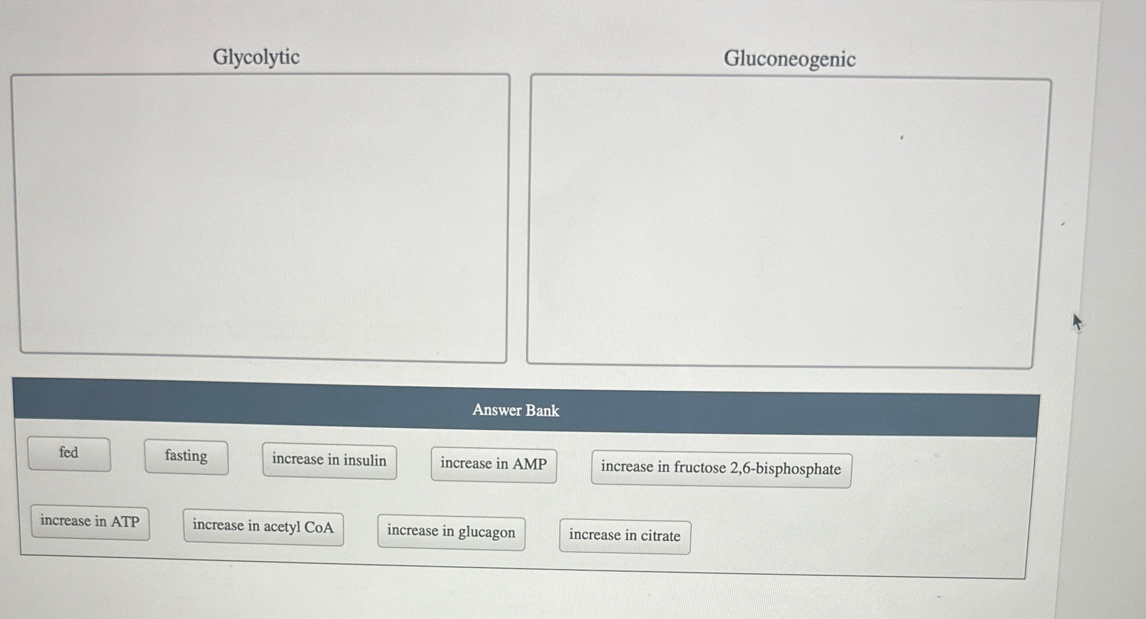Solved GlycolyticGluconeogenicAnswer BankfedFasting increase | Chegg.com