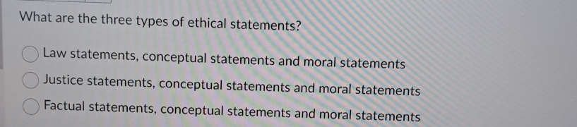 Solved What are the three types of ethical statements?Law | Chegg.com