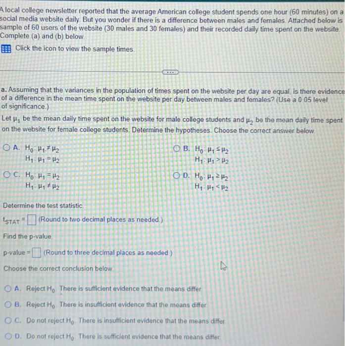 Solved A local college newsletter reported that the average | Chegg.com