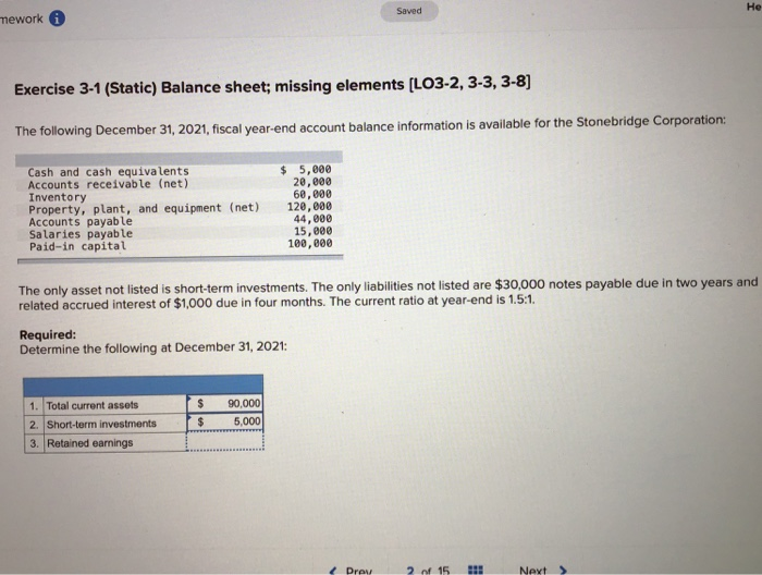 Solved Saved He mework Exercise 3-1 (Static) Balance sheet; | Chegg.com