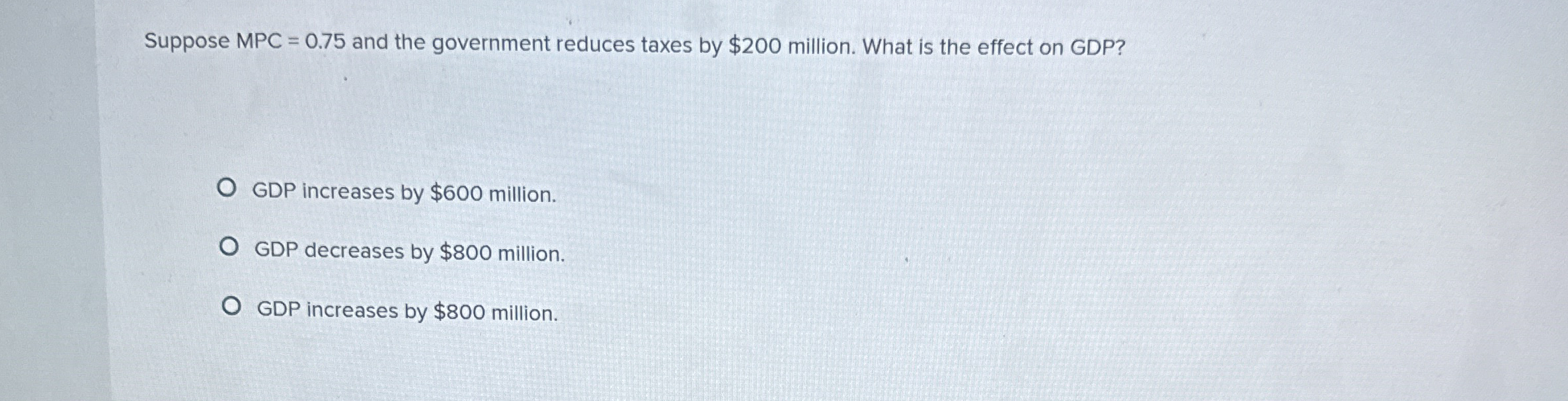 Solved Suppose MPC =0.75 ﻿and the government reduces taxes | Chegg.com