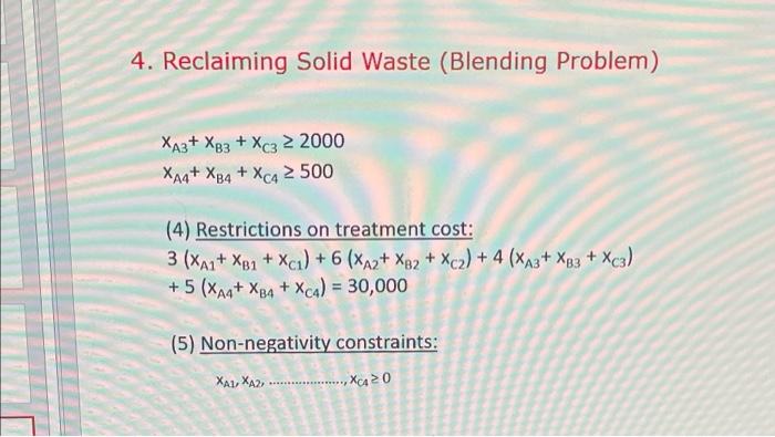 Solved 4. Reclaiming Solid Waste (Blending Problem) The | Chegg.com